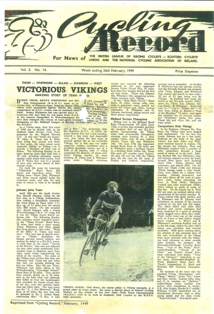 1949 Victorious Vikings – Cycling Record – Classic Viking Cycles